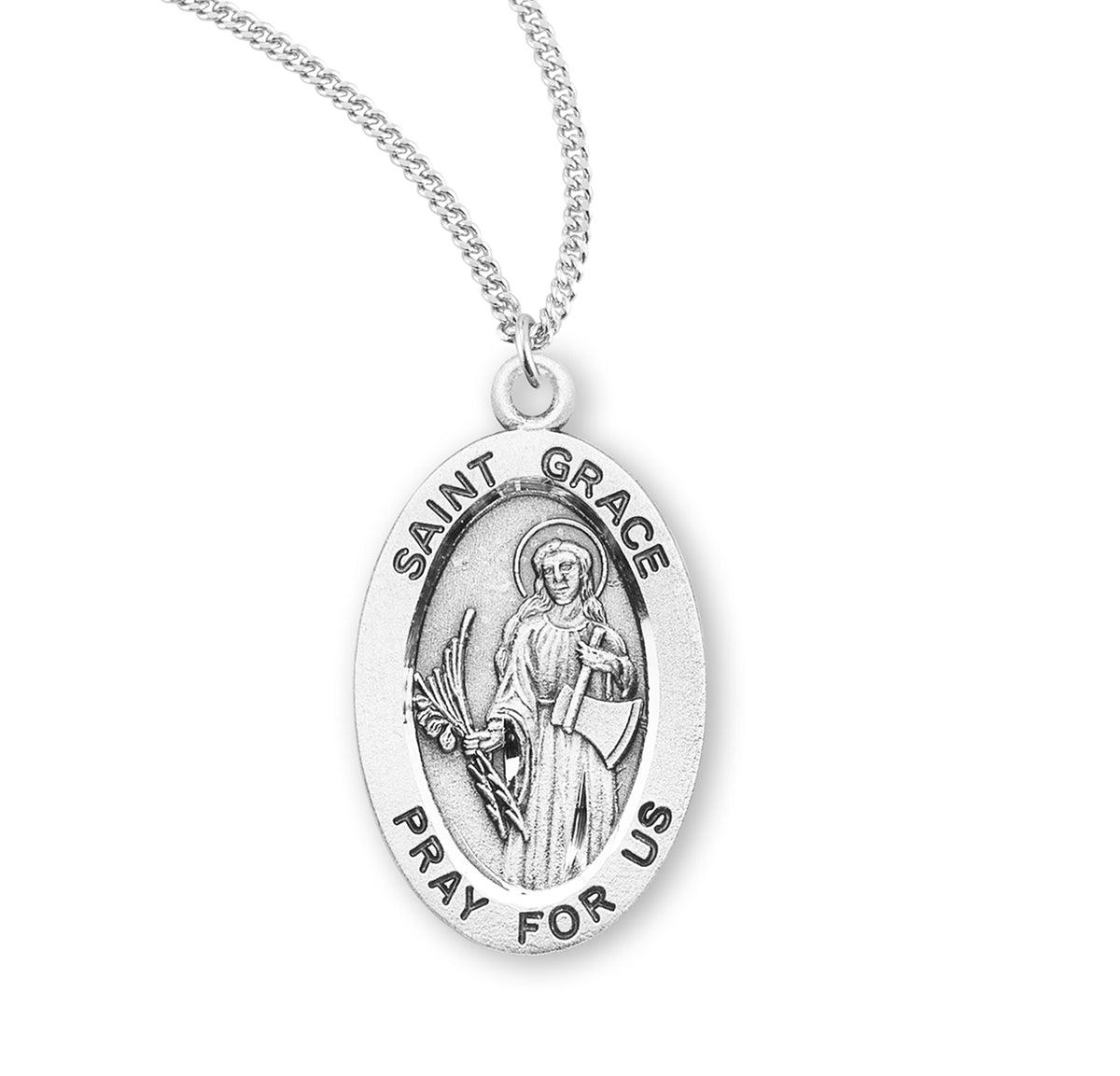 Patron Saint Grace Oval Sterling Silver Medal – Saint Mickael Art & Gifts